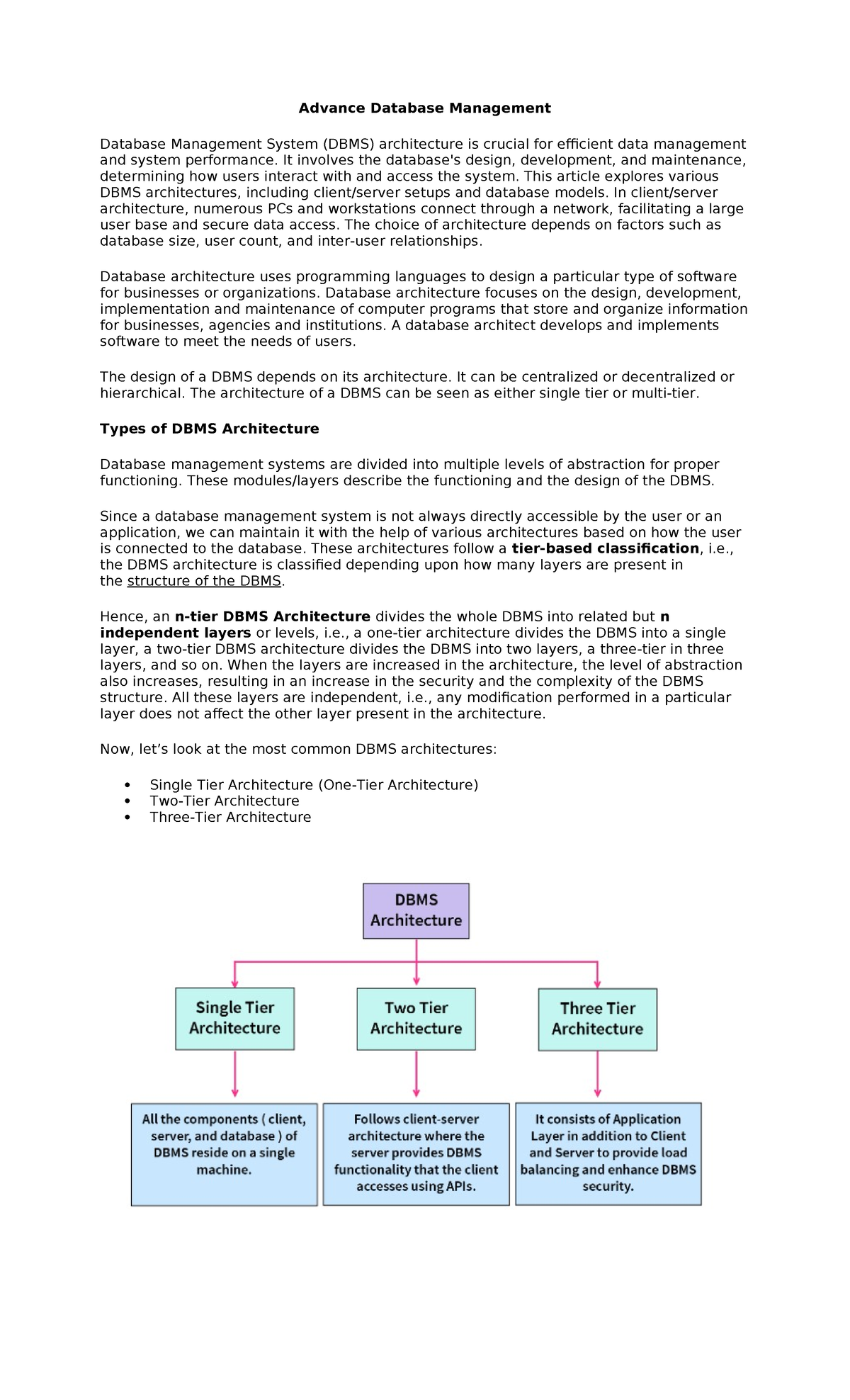 DBMS Architecture Overview: Types and Key Features Explained - Studocu