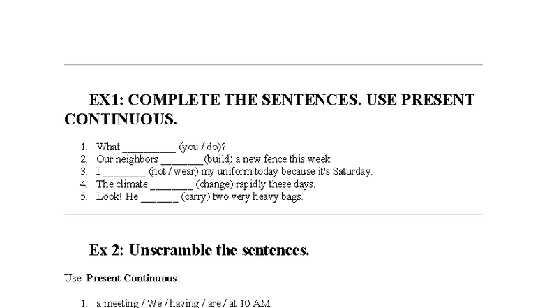 EX1: Present Continuous Practice A - Sentence Completion & Correction ...