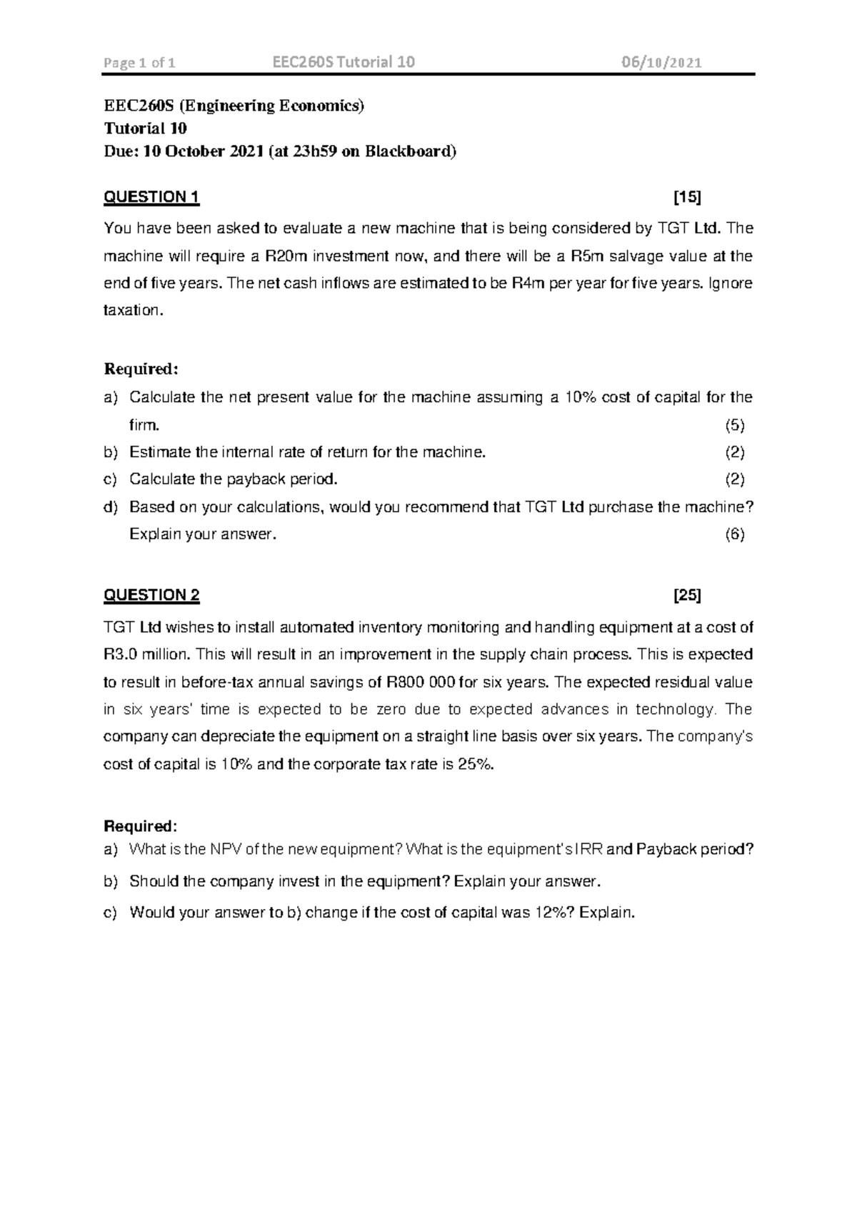 EEC260S Tutorial 10: Engineering Economics Case Study Analysis - Studocu