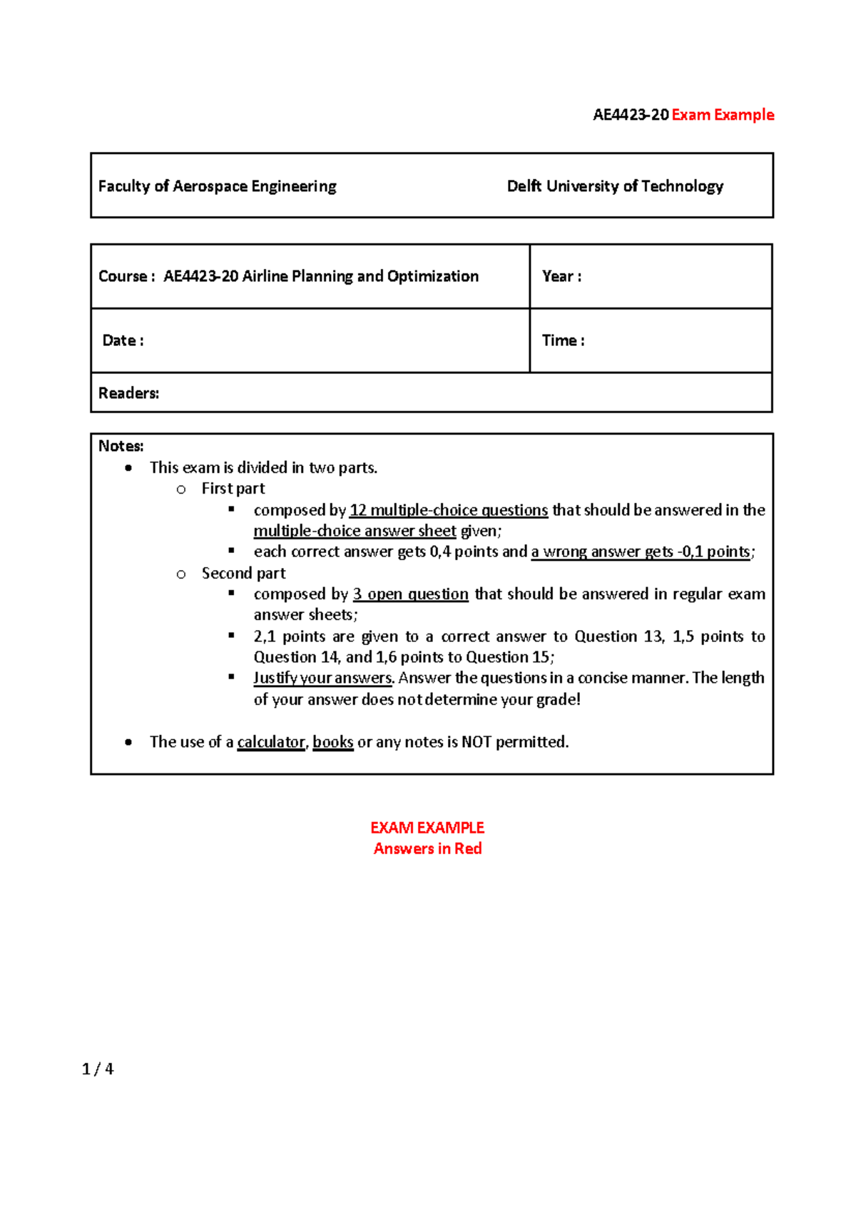 AE4423-20 Final Exam Example with Answers: Airline Planning Insights ...