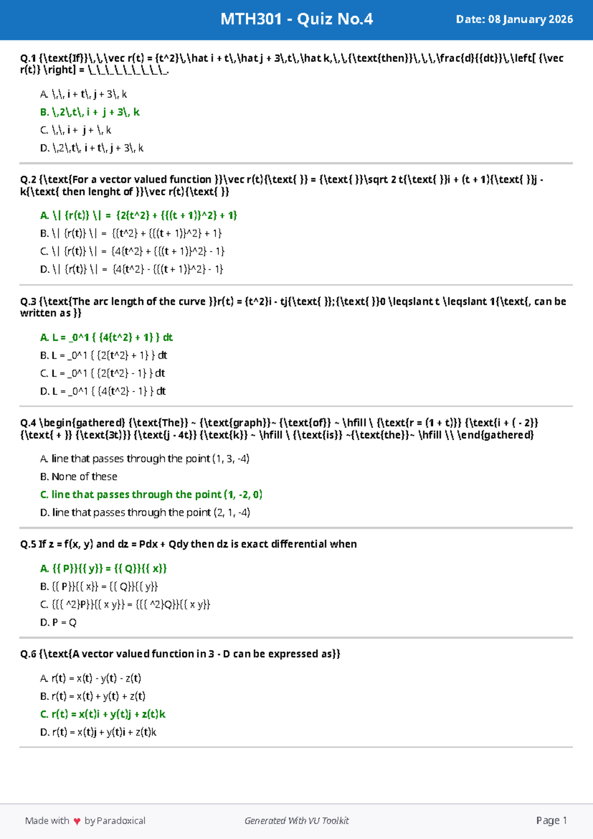 MTH301 Quiz No. 4 - Vector Valued Functions and Arc Length - Studocu