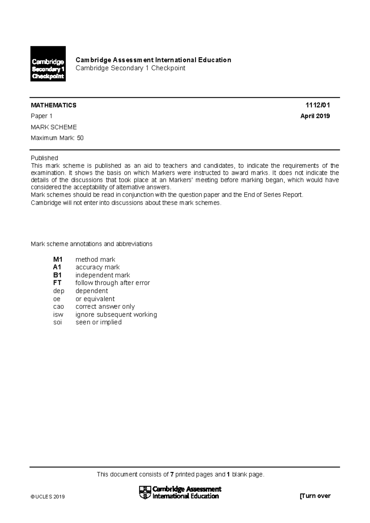 April 2019 CAIE 1112 Mathematics Lower Secondary Checkpoint P1 Mark ...