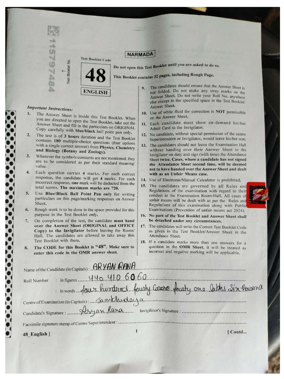 NEET 2025 CODE-48 Test Booklet Instructions and Guidelines - Studocu