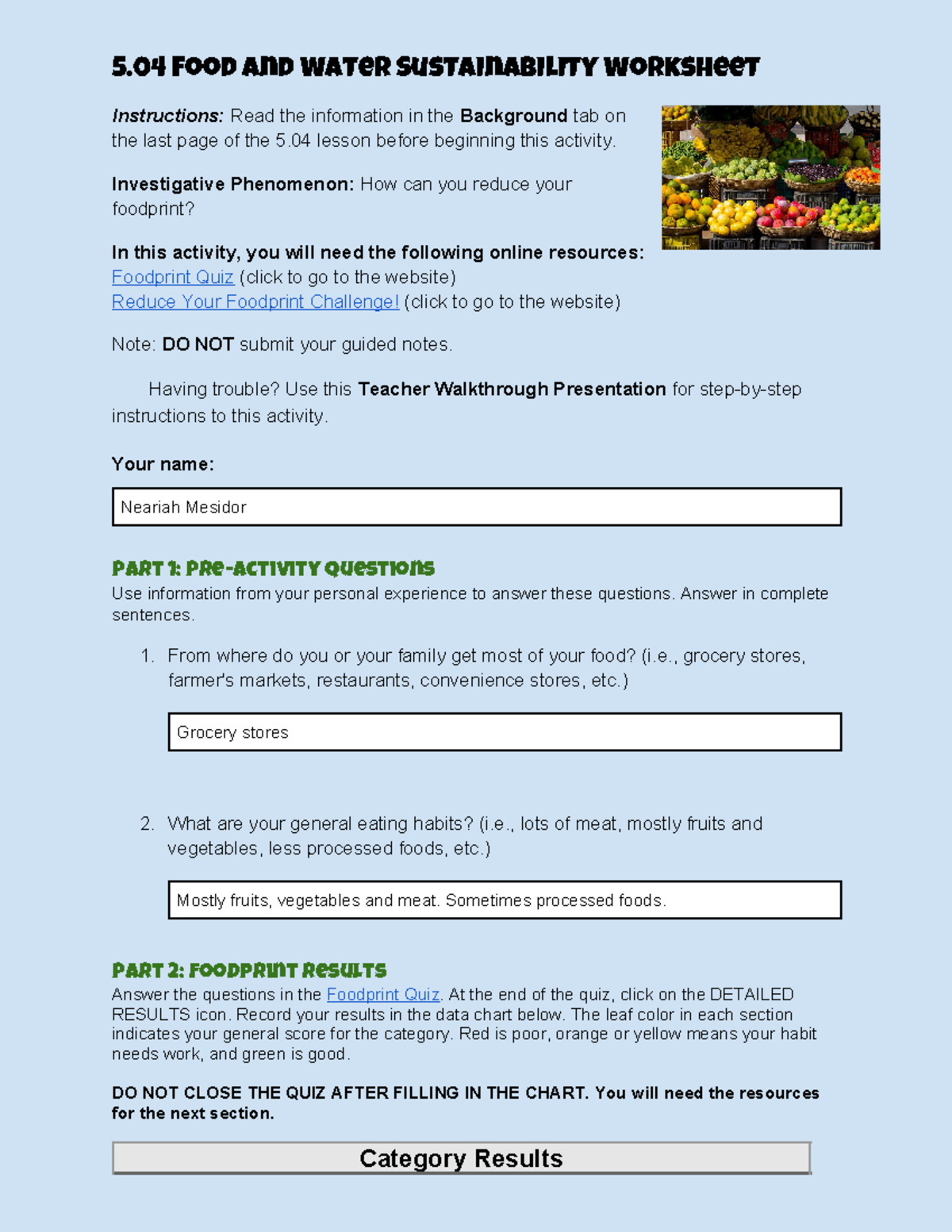 5.04 Food and Water Sustainability Worksheet: Reducing Your Foodprint ...