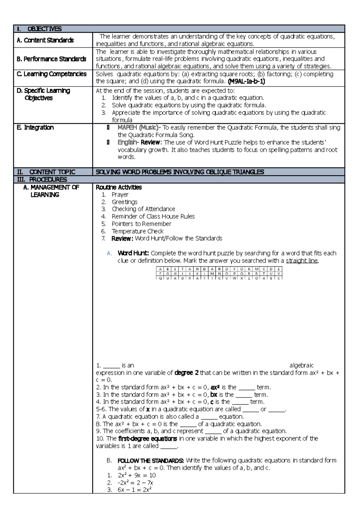Math 9 Q1 Lesson Plan: Exploring Quadratic Equations & Formulas - Studocu