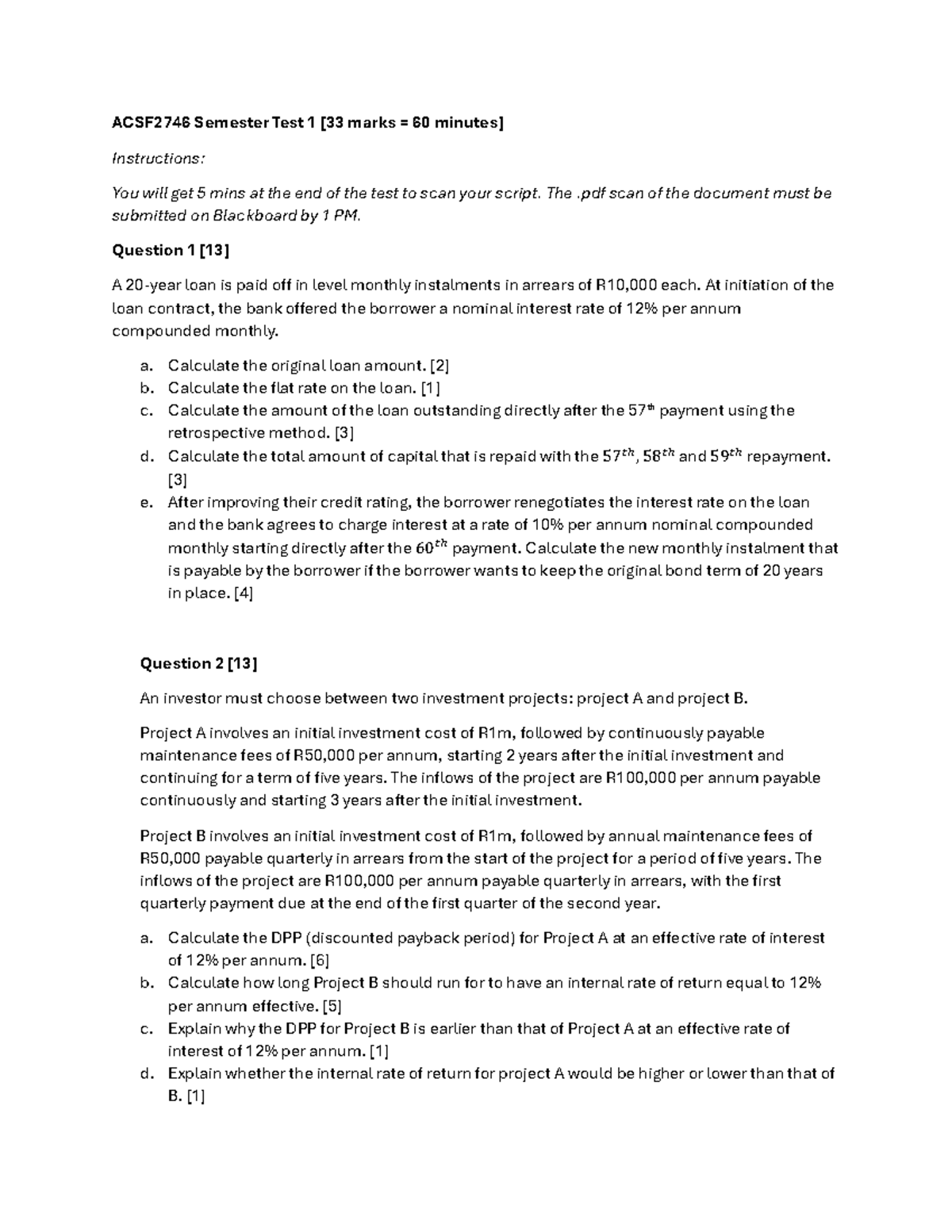 ACSF2746 2024 Semester Test 1: Loan & Investment Analysis - Studocu