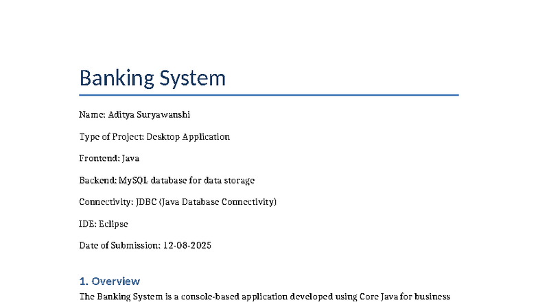 Banking System Project (CS101) - Java & MySQL Application Overview ...