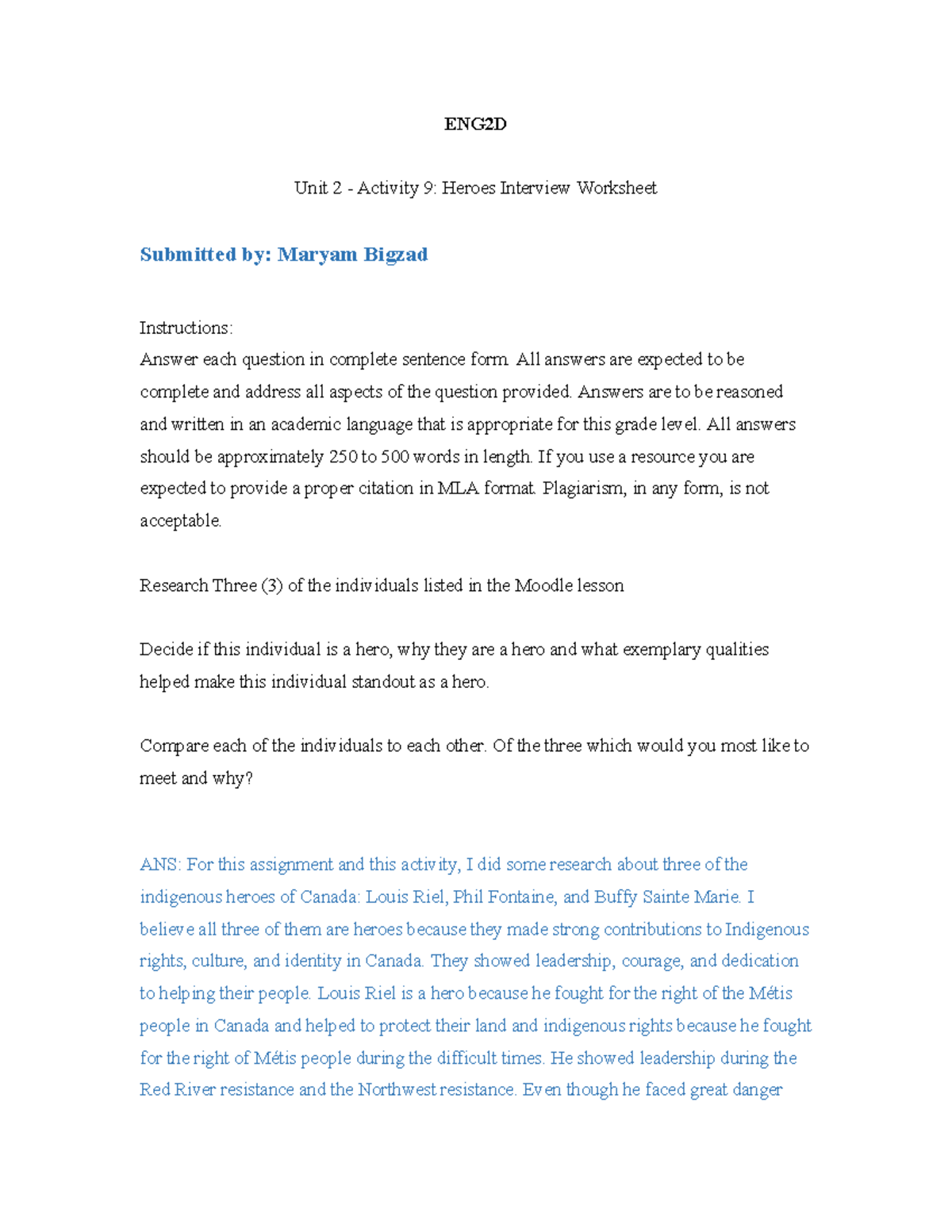 ENG2D Unit 2 Activity 9: Heroes Interview Worksheet Analysis - Studocu