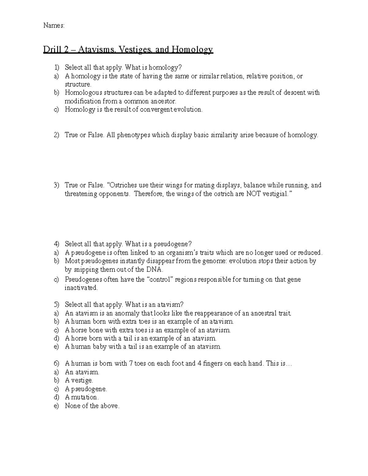 Drill 2: Atavisms, Vestiges, and Homology Study Guide - Studocu