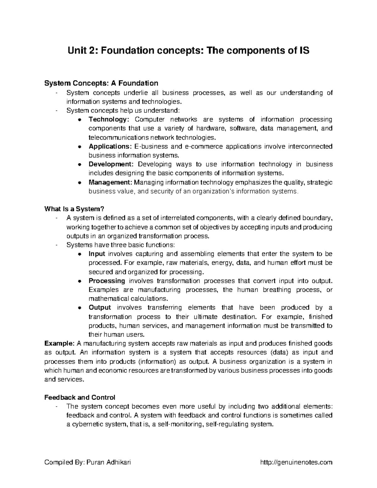 Unit 2 Foundation concepts The components of IS - System concepts help ...