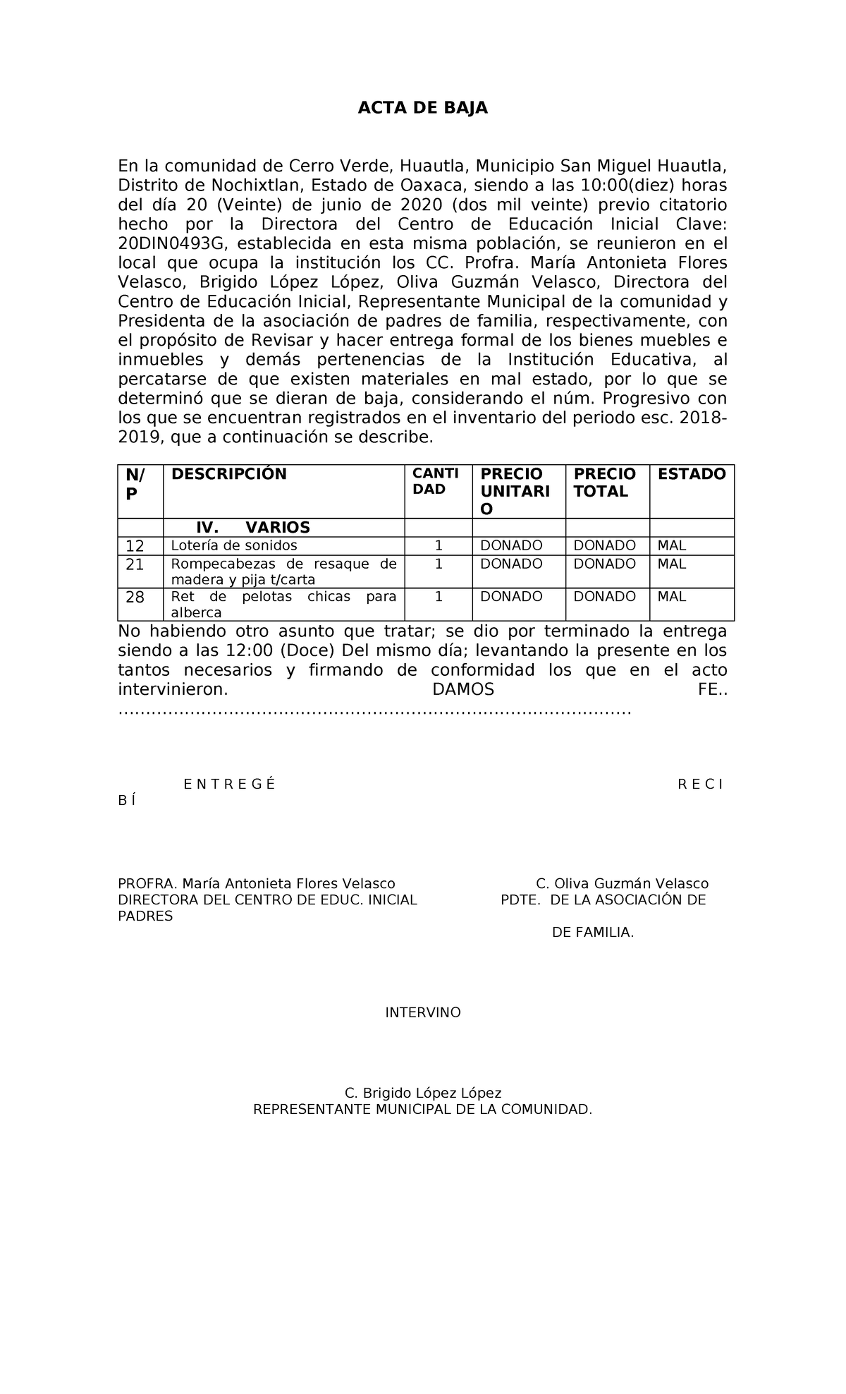 ACTA DE BAJA - INVENTARIO ESCOLAR DE BIENES EN MAL ESTADO - Studocu