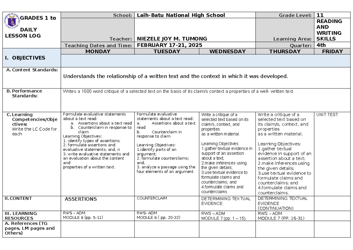 RWS11 Daily Lesson Log: Evaluating Textual Claims and Assertions - Studocu