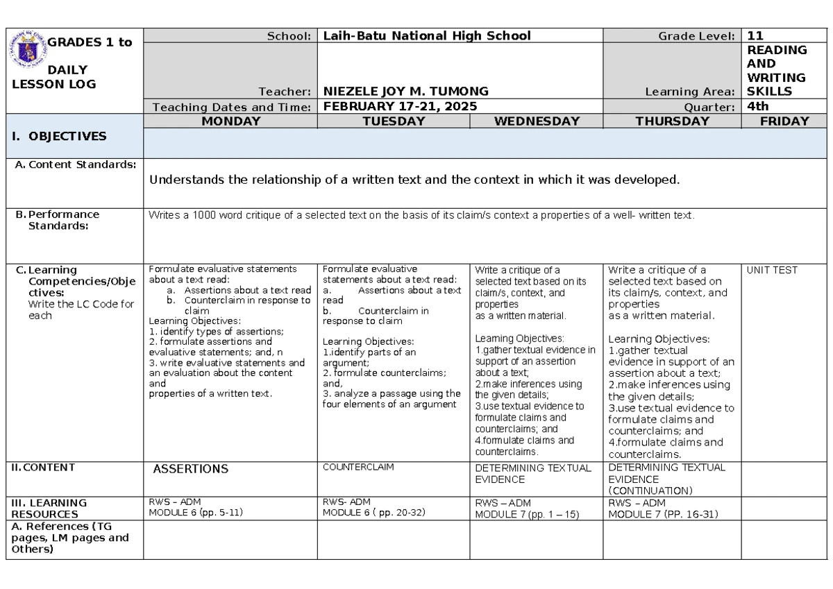 UCSP WEEK 1 DLL - Daily Lesson Log for SHS Grade 12 - Studocu
