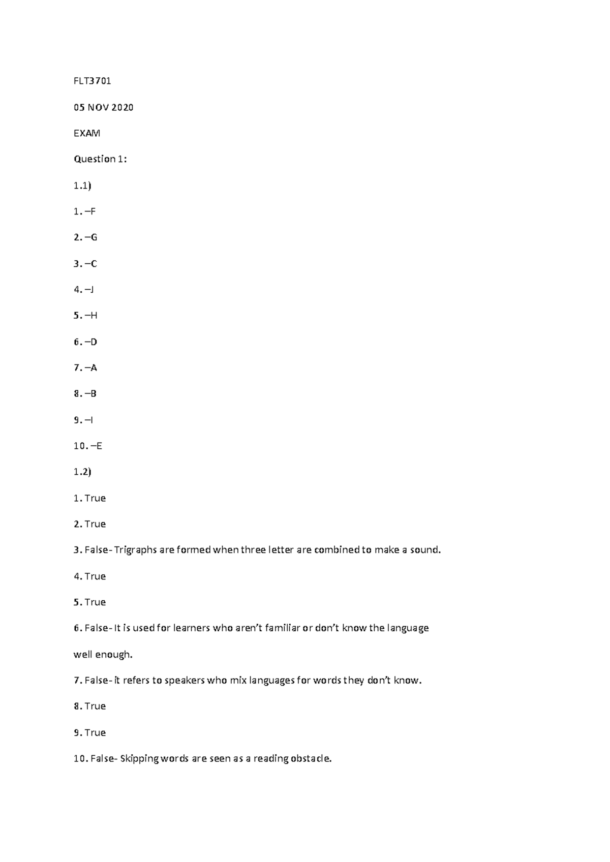 FLT3701 EXAMAMINATION ANSWERS - FLT 05 NOV 2020 EXAM Question 1: 1) –F ...