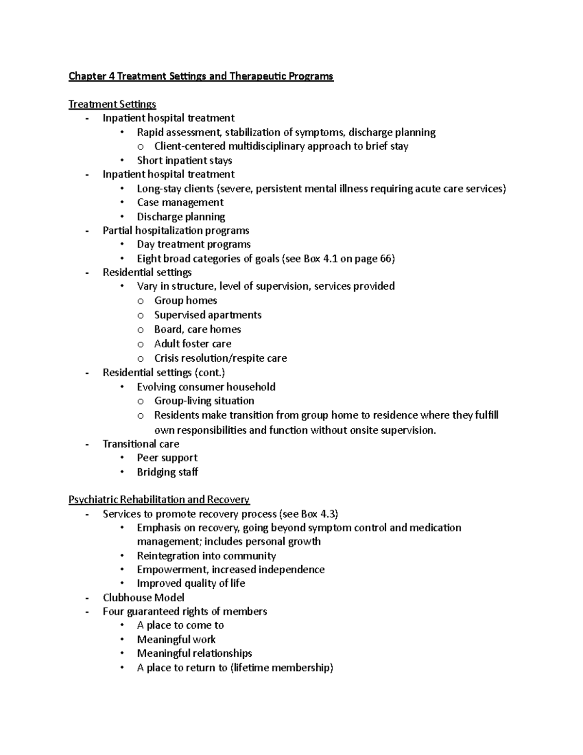 Chapter 4: Treatment Settings & Therapeutic Programs Overview - Studocu