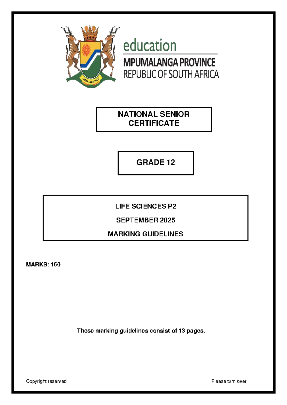 LIFE SCIENCES G12 P2 MARKING GUIDELINES SEPT 2025 - Studocu