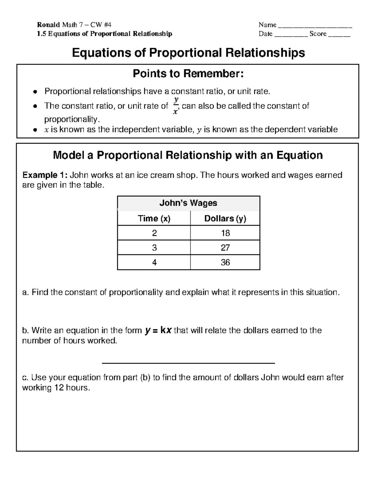 Math 7 CW # 4 1.5 Equations of Proportional Relationships 1 - Ronald ...