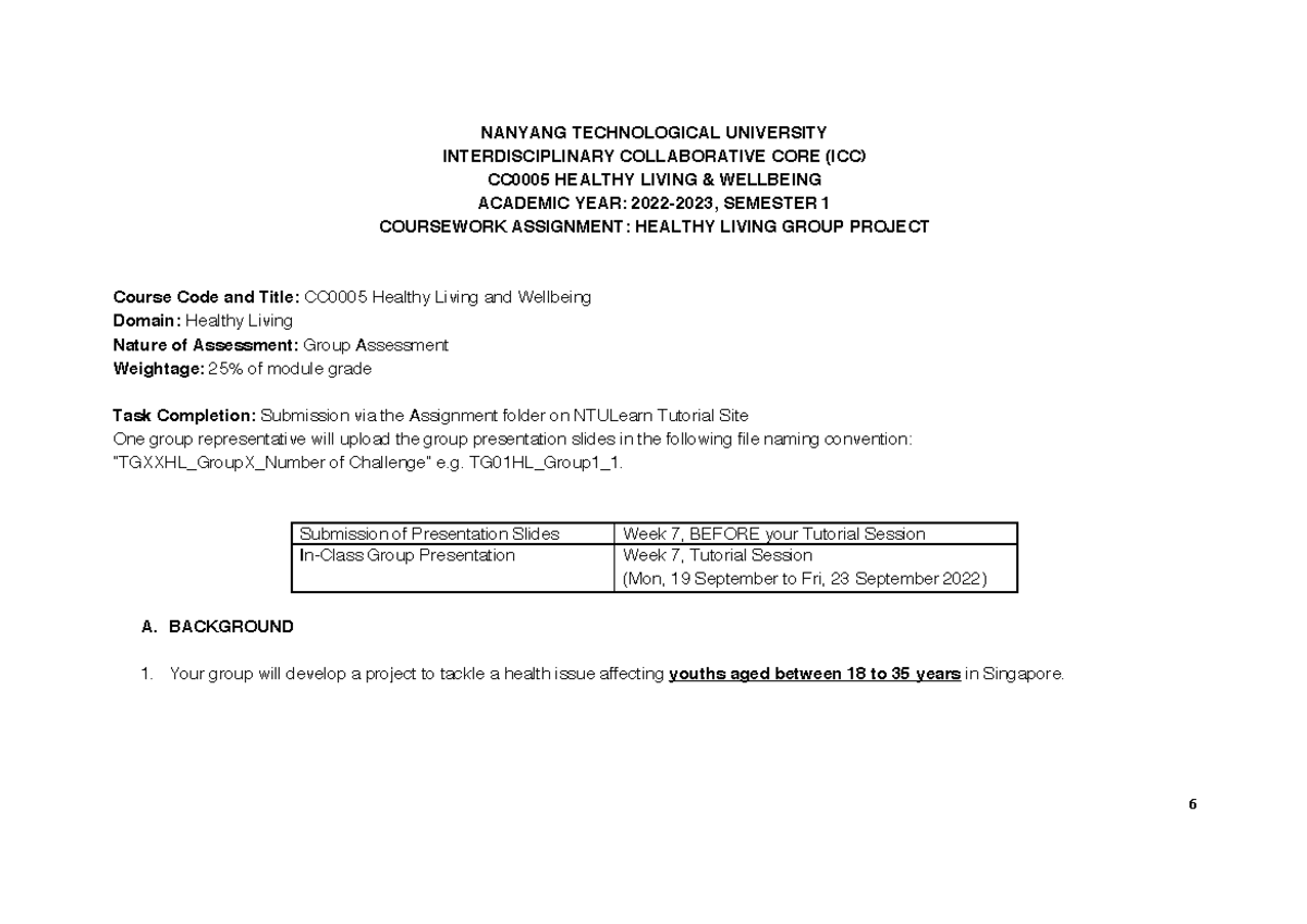 CC0005 Healthy Living Group Project Assignment Guidelines AY22-23 Sem1A ...