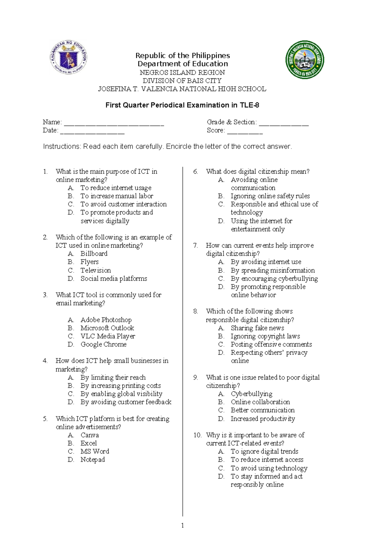 TLE 8 Q1 - Periodical Exam Review on ICT and Digital Citizenship - Studocu