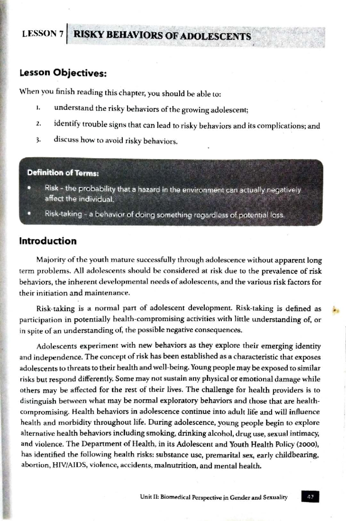 LESSON 7: RISKY BEHAVIORS OF ADOLESCENTS - Understanding and Prevention ...