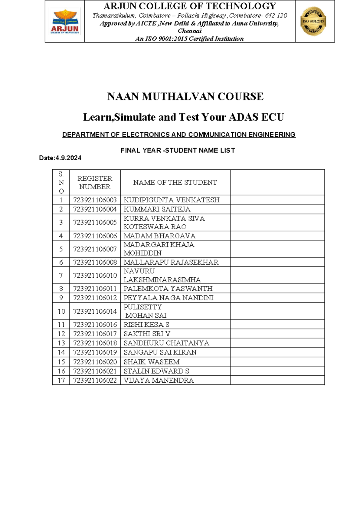 NAME LIST - NAAN Muthalvan Course (Final Year) - Studocu