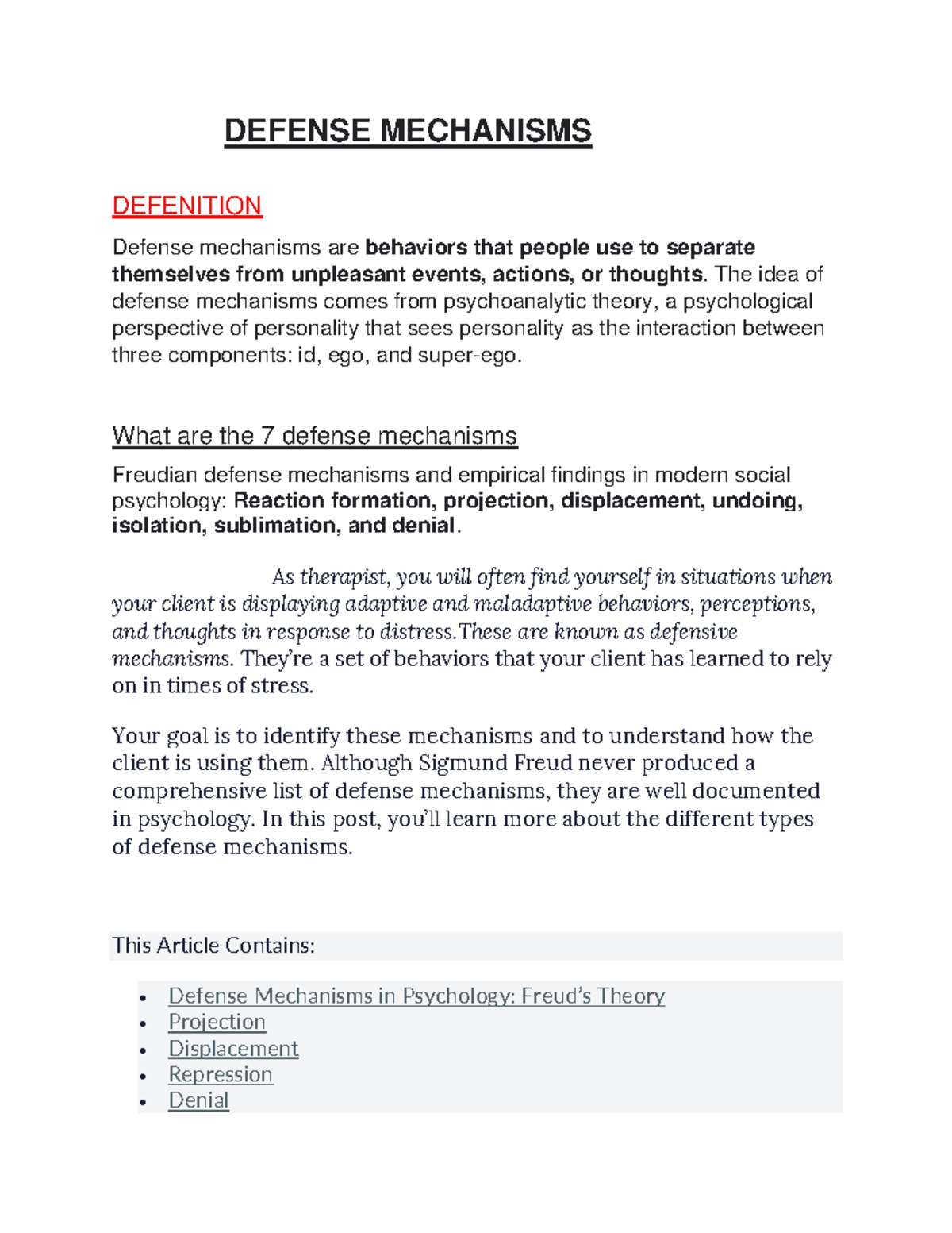 Defense Mechanisms in Psychology: Understanding Freud's Theory - Studocu