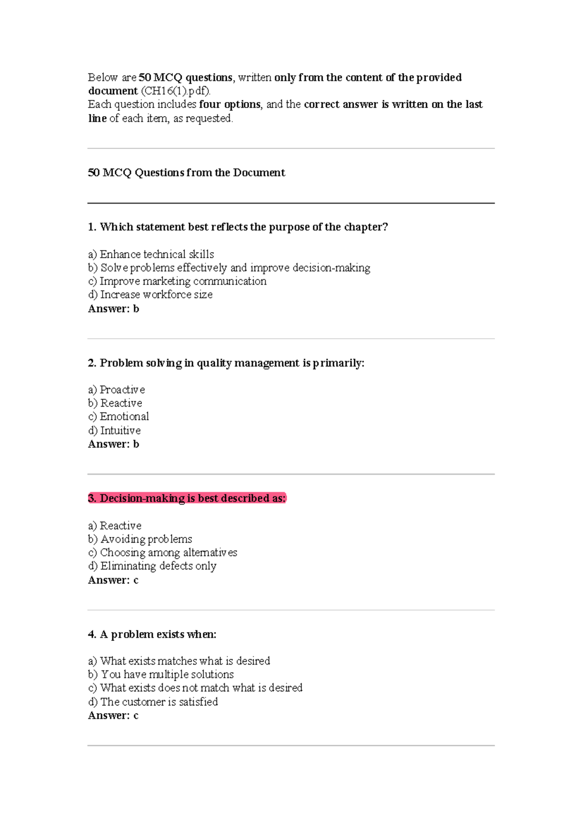 Ch16 MCQ CGPT - 50 Questions on Quality Management Concepts - Studocu