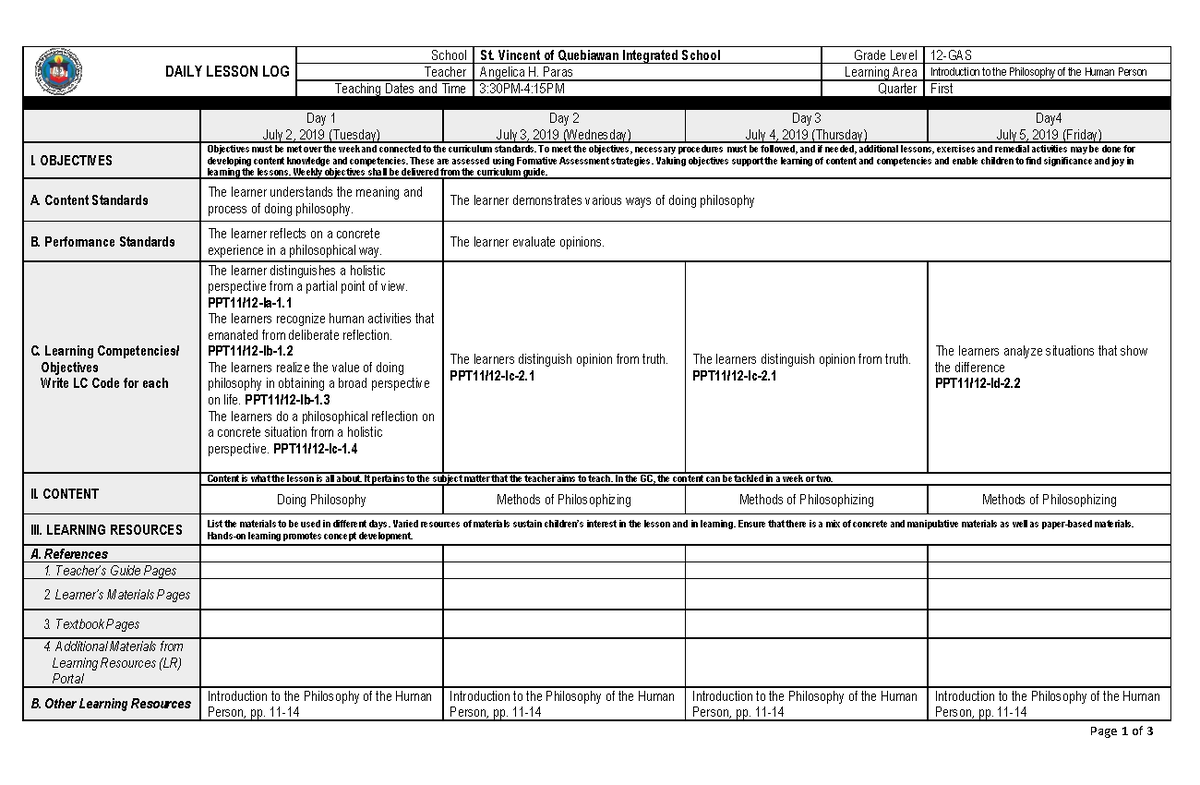 DLL: Methods of Philosophizing - Daily Lesson Log (Grade 12 GAS) - Studocu