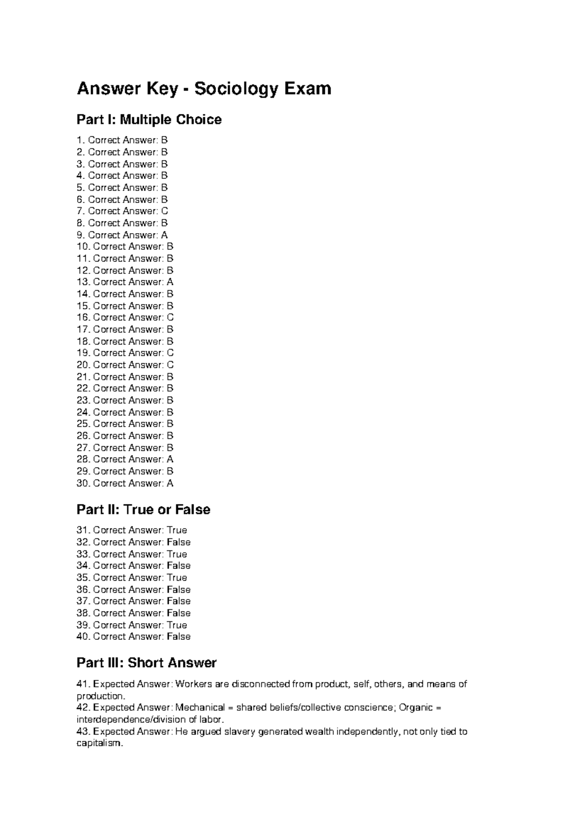 Sociology SOC101 Final Exam Answer Key: MC, T/F, Short Answer - Studocu