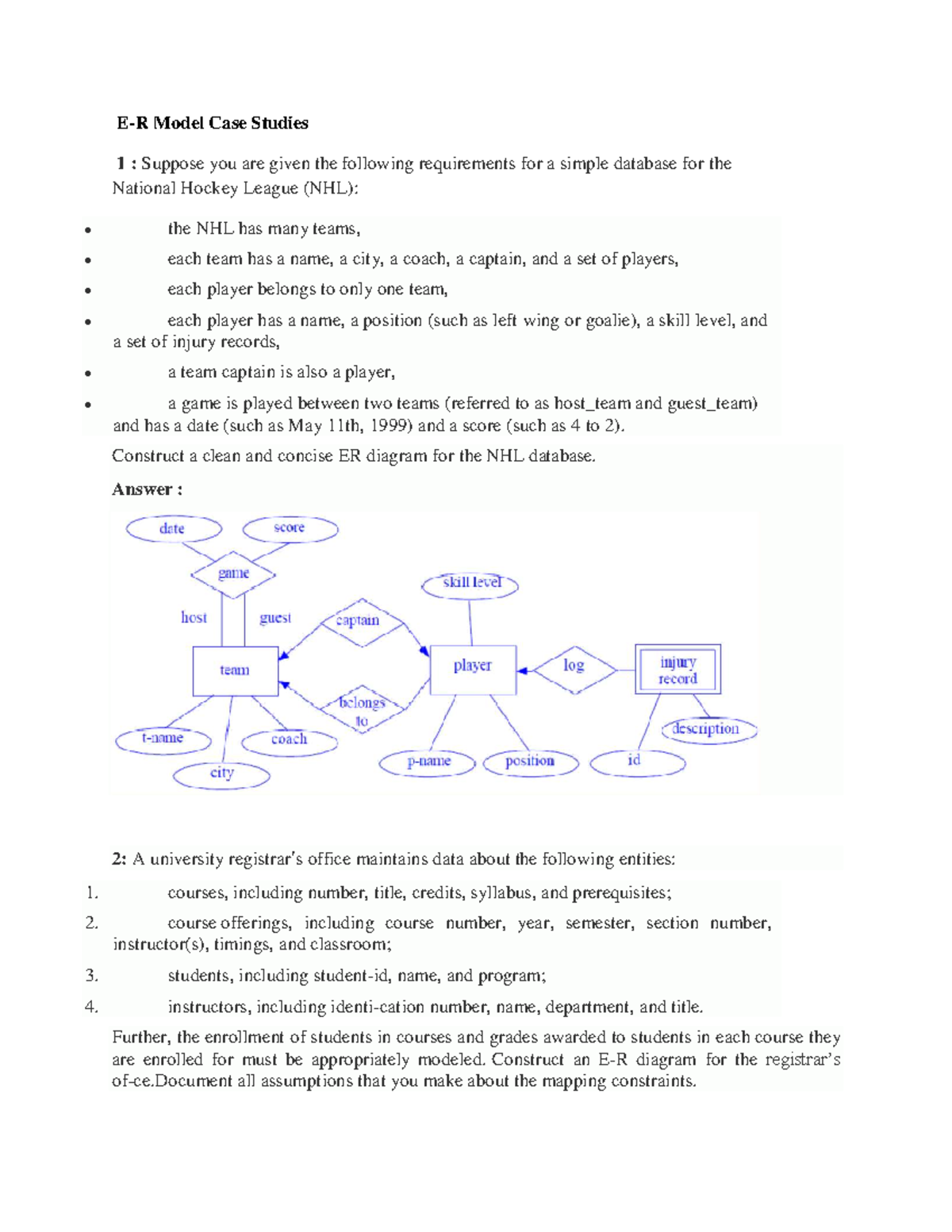 NHL Database ER Diagrams: Case Studies & Solutions (DBMS-ER) - Studocu