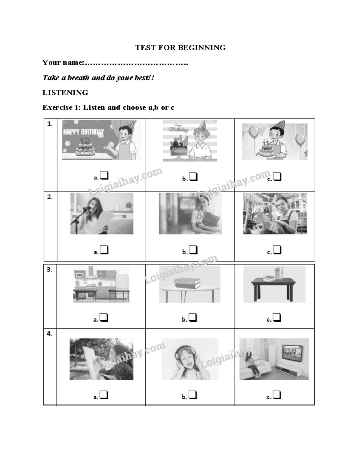 Beginning Test: Listening, Grammar, and Writing Exercises - Studocu