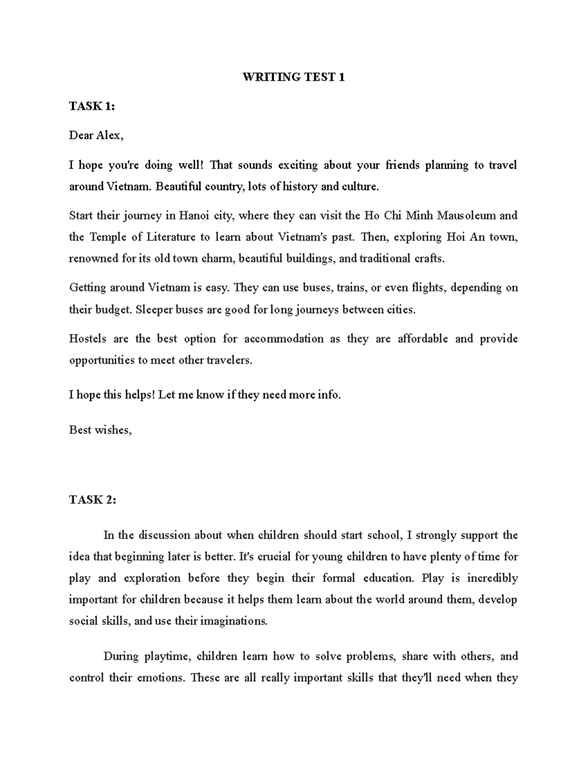 Writing TEST 1 - WRITING TEST 1 TASK 1: Dear Alex, I hope you're doing ...