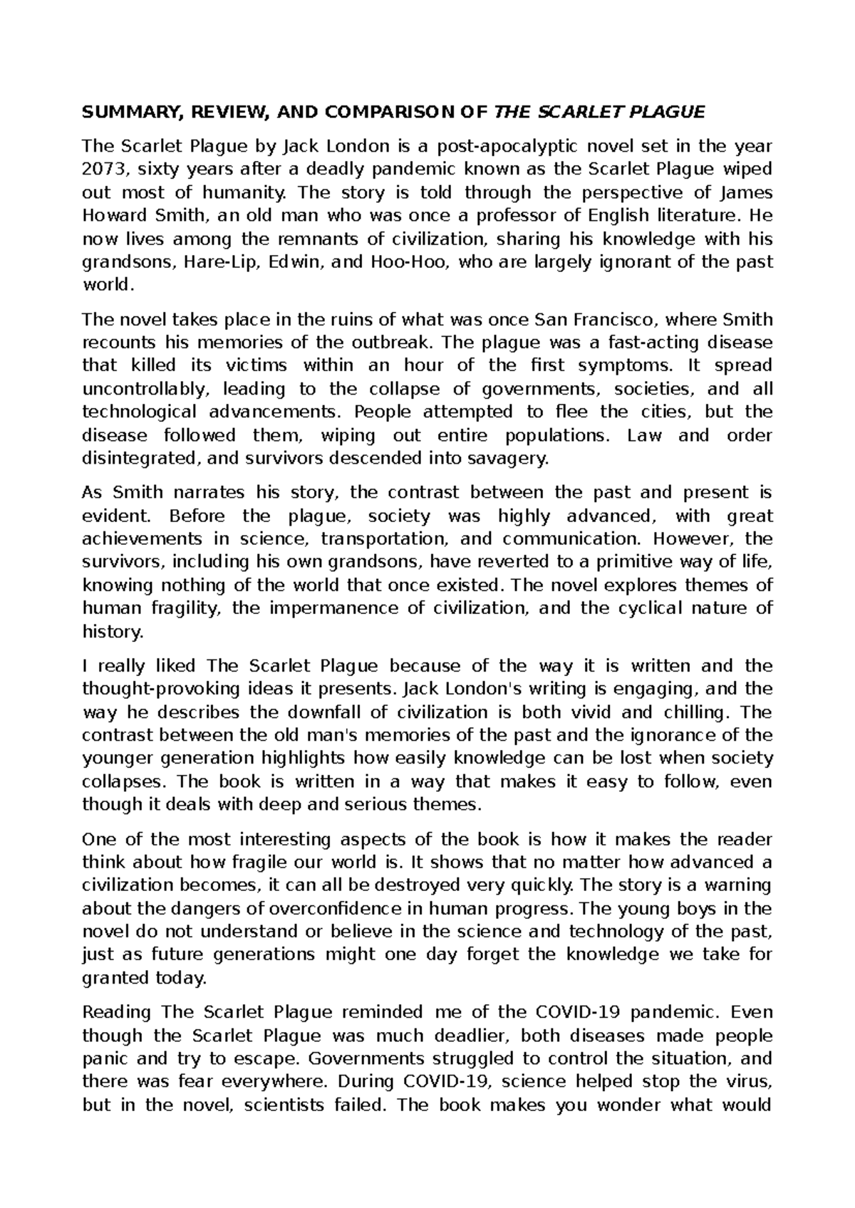 SUMMARY AND ANALYSIS OF THE SCARLET PLAGUE (ENG 101) - Studocu