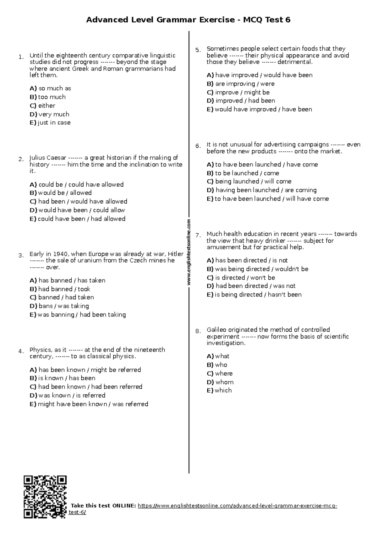 Advanced Level Grammar Exercise MCQ Test #6 (829) - Answer Key Included ...