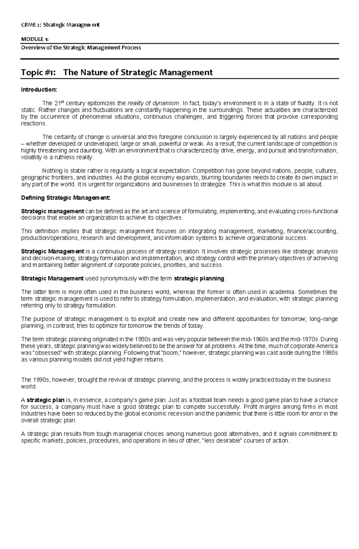 CBME 2: Strategic Management Module 1 - The Nature of Strategic ...