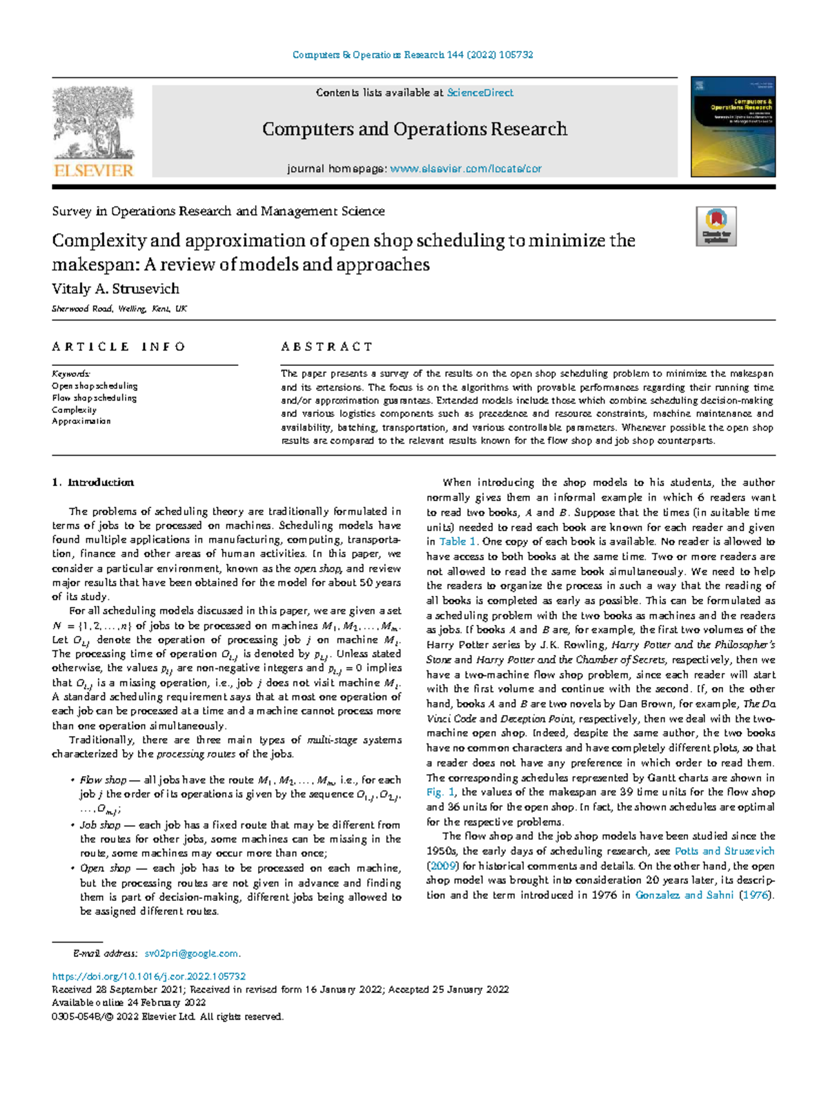Survey of Open Shop Scheduling Complexity and Approximations (OR 144 ...