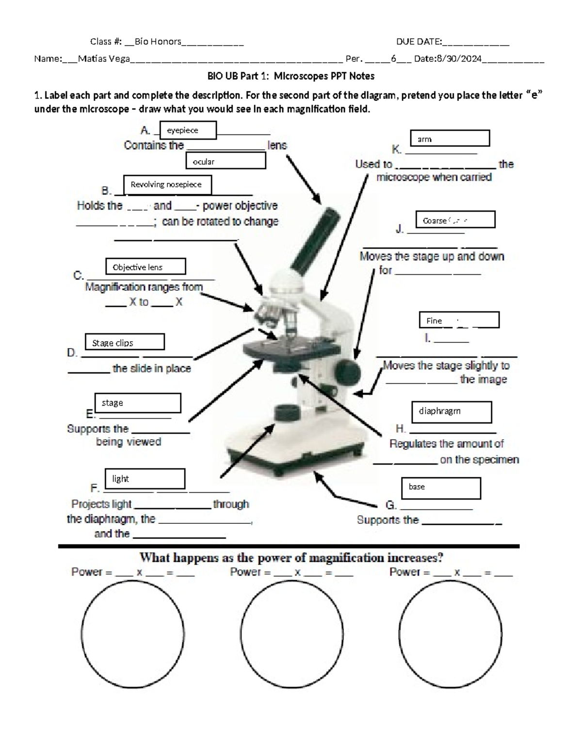BIO UB Part 1 Microscope PPT Notes - Class #: Bio Honors__________ DUE ...