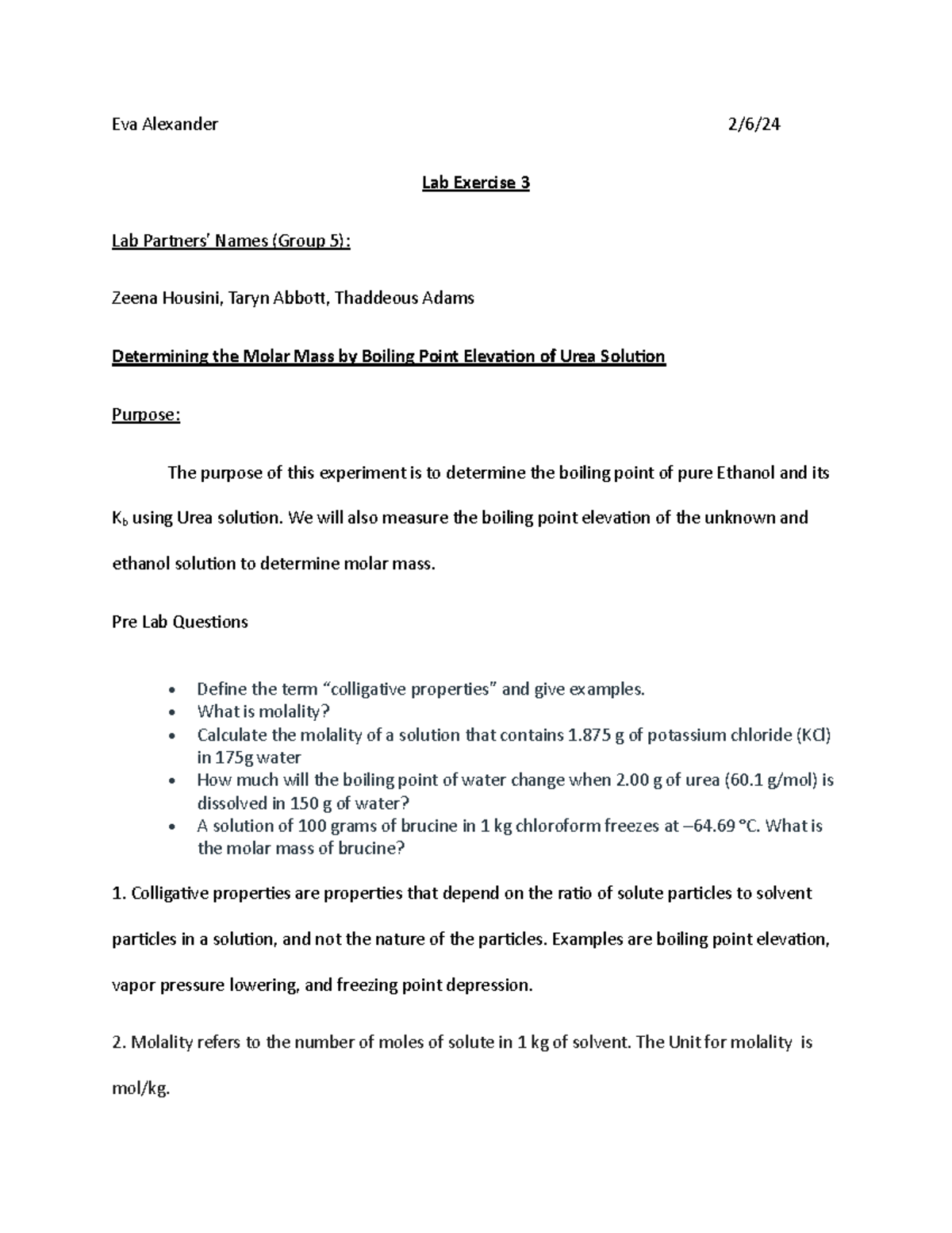 CHEM2 Lab 3: Molar Mass Determination via Boiling Point Elevation - Studocu