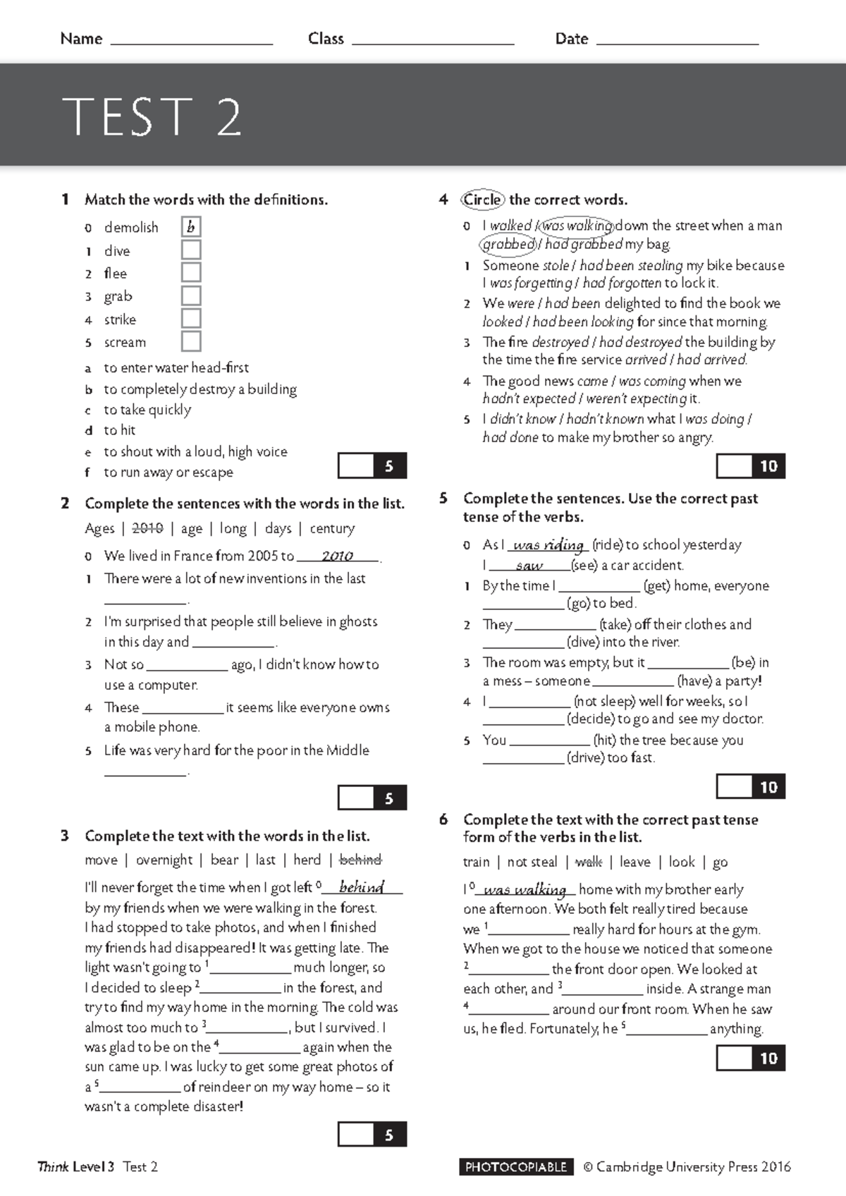 Think level 3. Unit 2. Test 2. Cambridge - TEST 2 1 Match the words ...