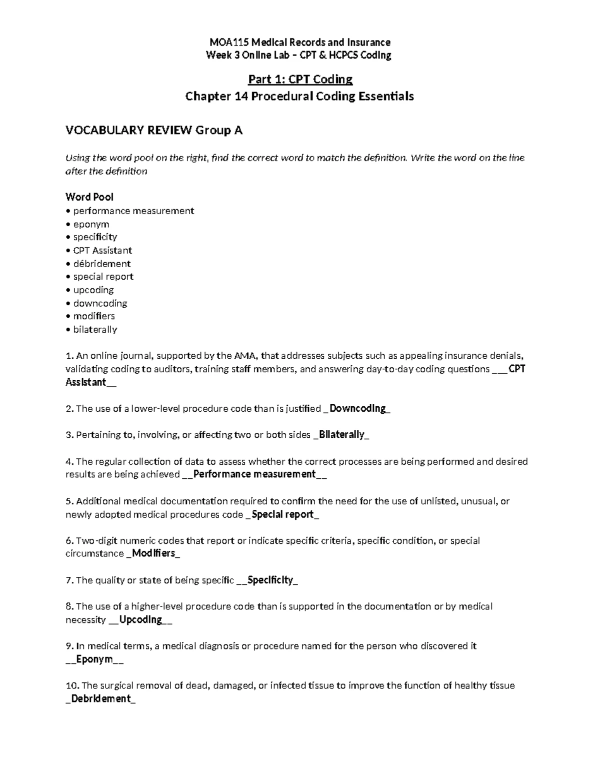 MOA115 Week 3 Assignment: Essentials of Procedural Coding - Studocu