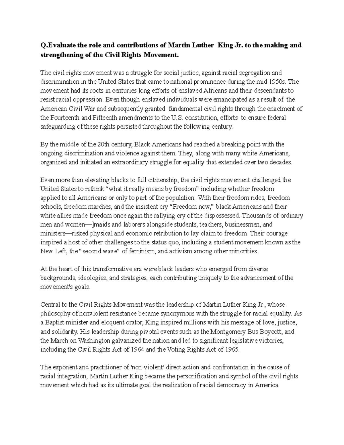 The Impact of Martin Luther King Jr. on the Civil Rights Movement - Studocu