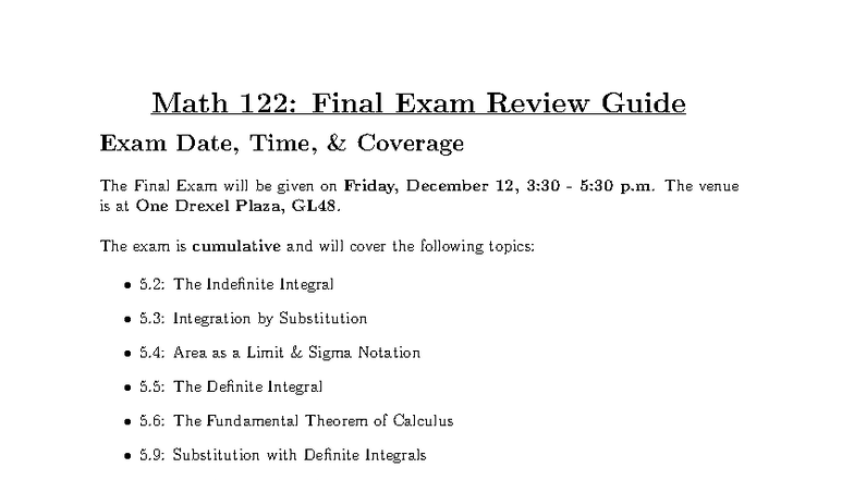 Math 122: Final Exam Review Guide for December 12 Exam - Studocu