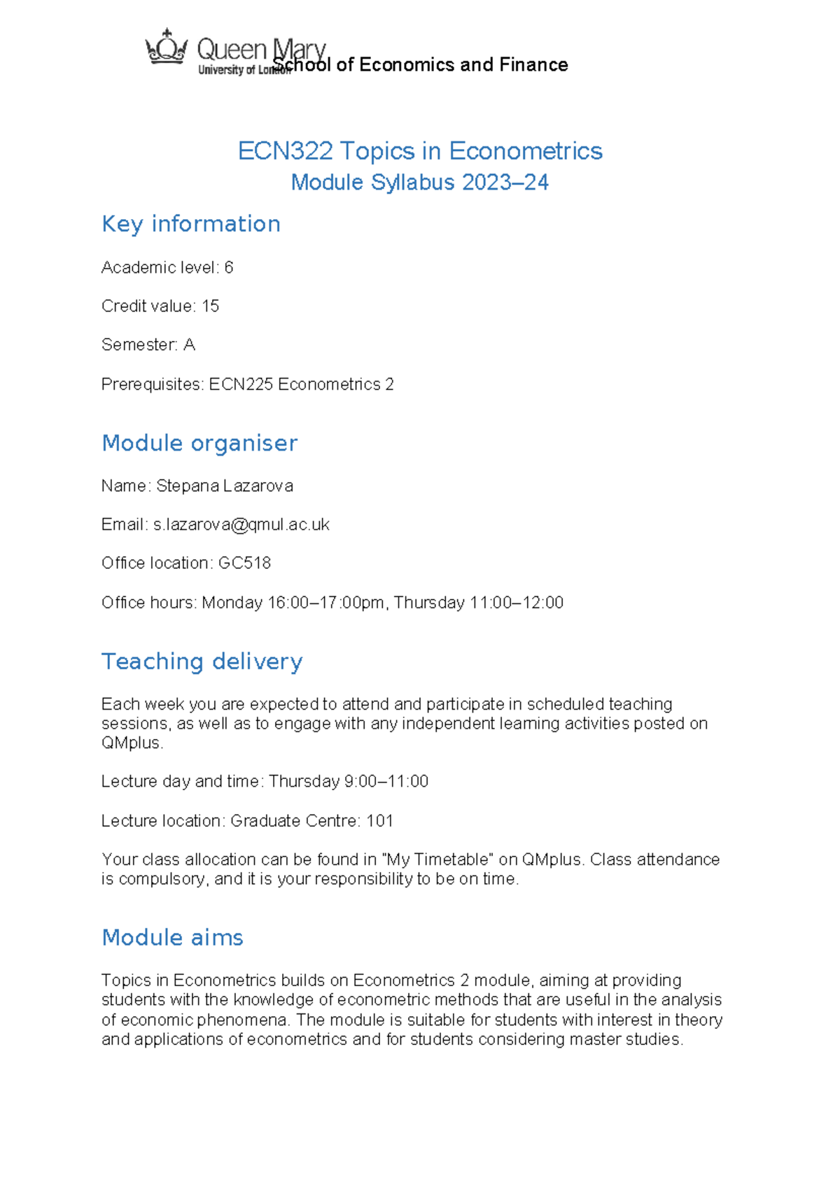ECN322 - syllabus - School of Economics and Finance ECN322 Topics in ...