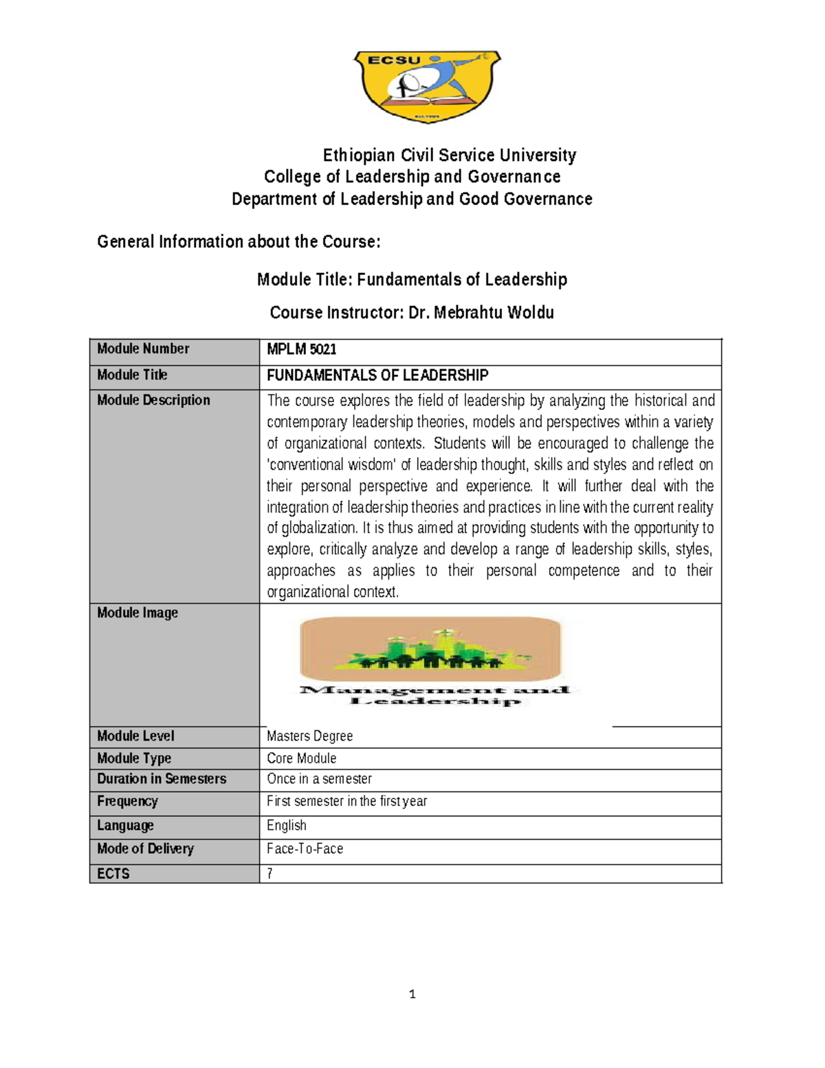 MPLM 5021: Course Outline for Fundamentals of Leadership - Studocu