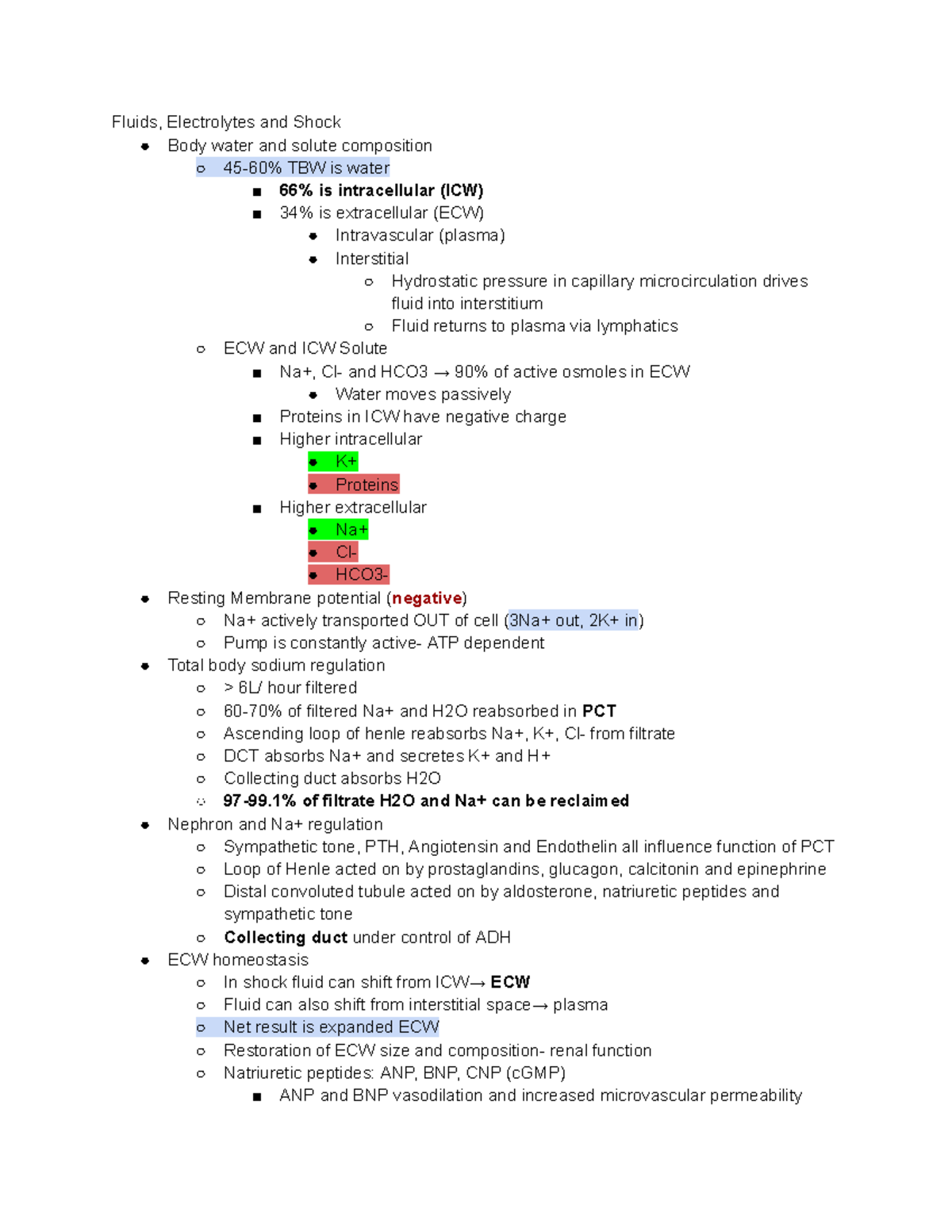 Final Exam Notes on Fluids, Electrolytes, and Shock Management (Med 101 ...