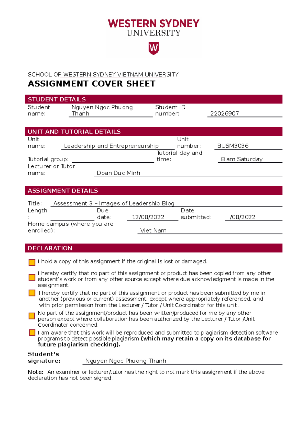 References - bbbbbbbbbbb - SCHOOL OF WESTERN SYDNEY VIETNAM UNIVERSITY ASSIGNMENT COVER SHEET ...