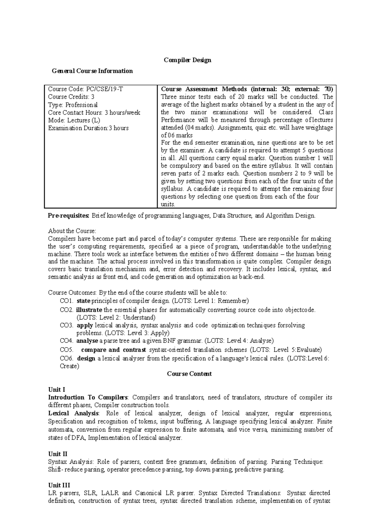 Compiler Design and Cloud Computing Syllabus Overview (Course Code: 3 ...