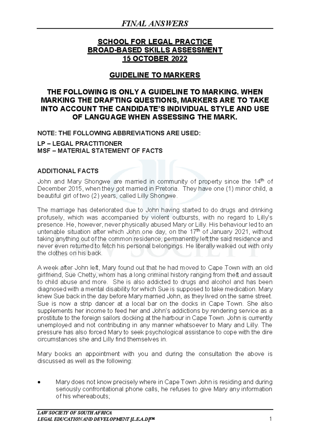 FINAL ANSWERS: SCHOOL FOR LEGAL PRACTICE SKILLS ASSESSMENT - 15 OCT ...
