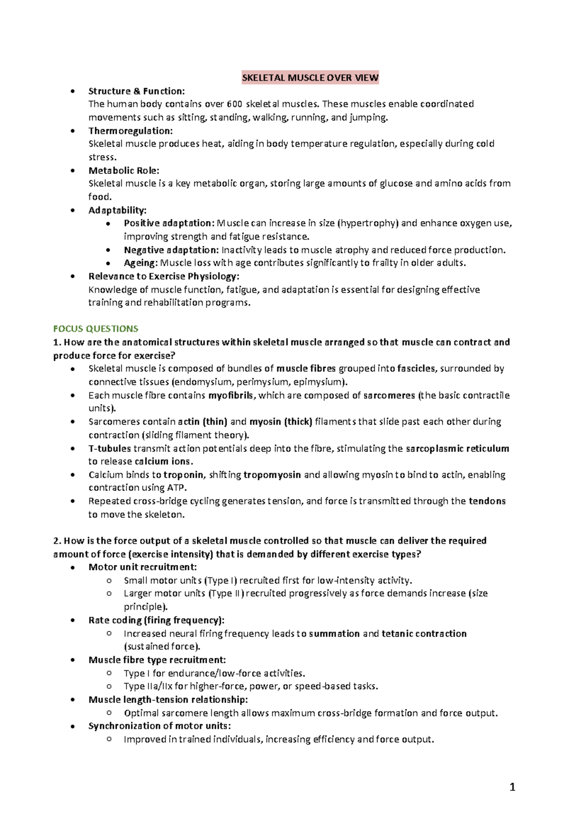 SKELETAL MUSCLE OVERVIEW: Structure, Function, and Fatigue Mechanisms ...
