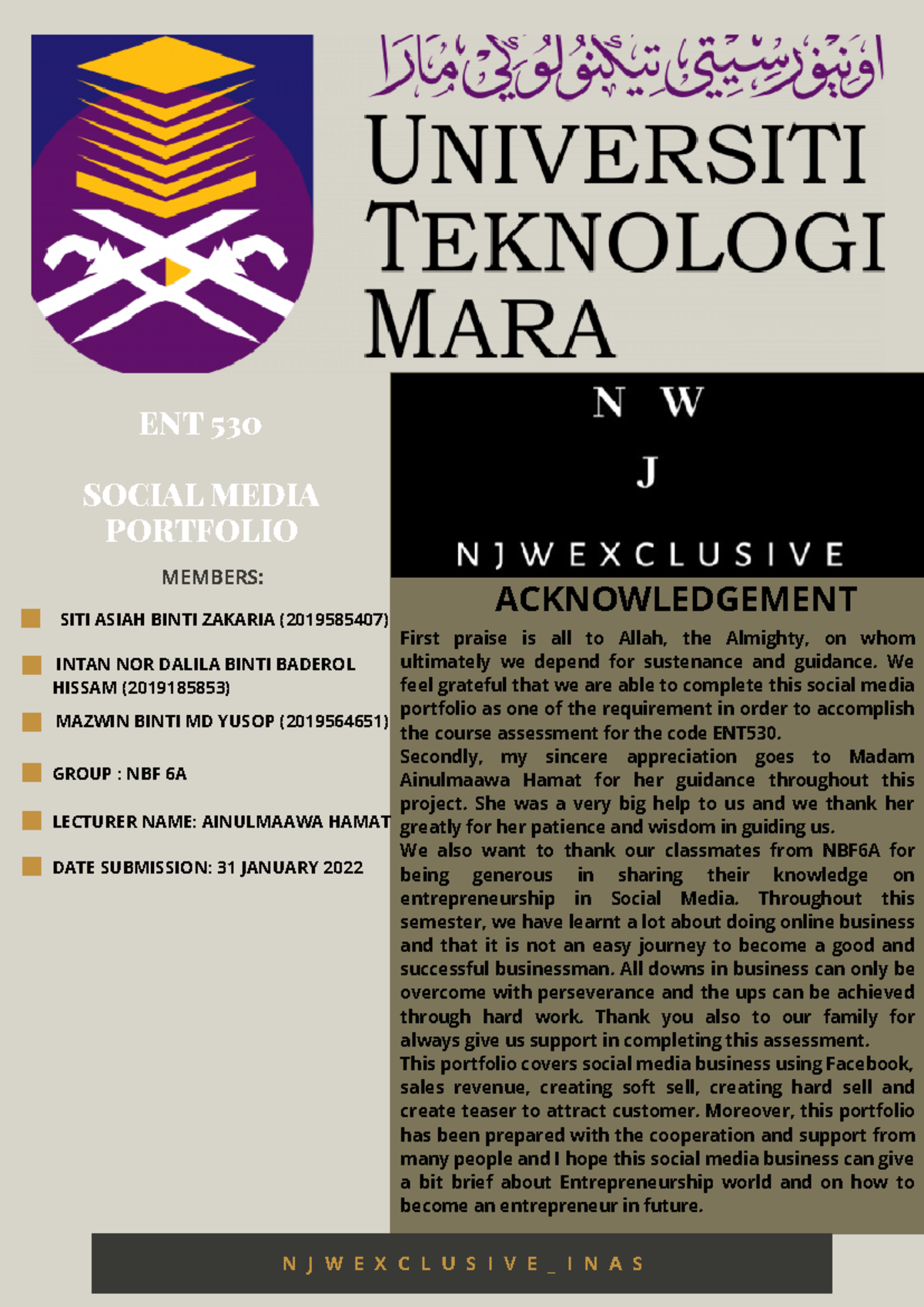 ENT530 ( Social Media Report) PAIR Assignment - NBF6A - SITI ASIAH ...